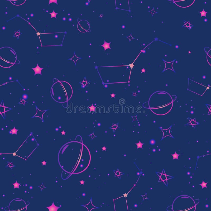 Purple and Blue Galaxy Seamless Pattern with Stars, Planets and ...