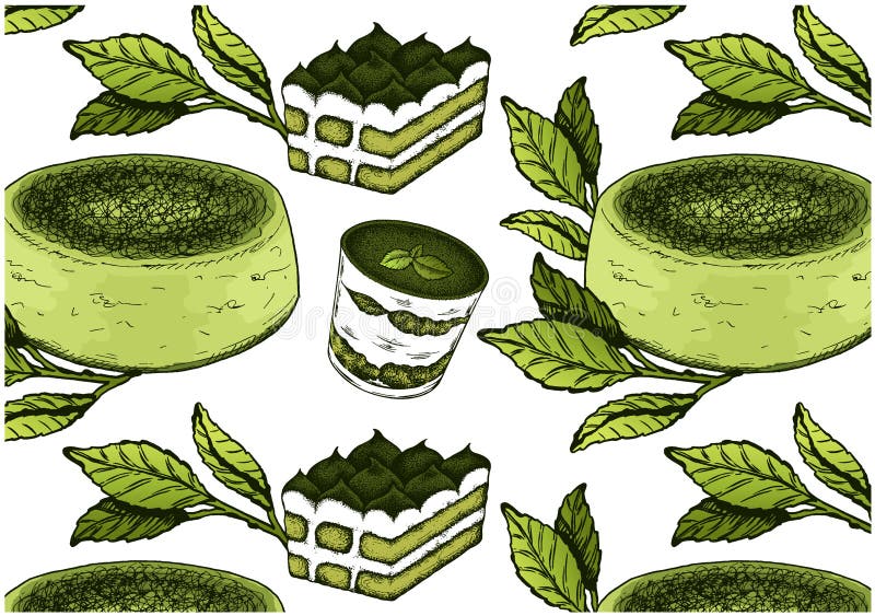 Sketch Drawing Pattern of Matcha Cheesecake, Tiramisu, Green Tea Leaves ...