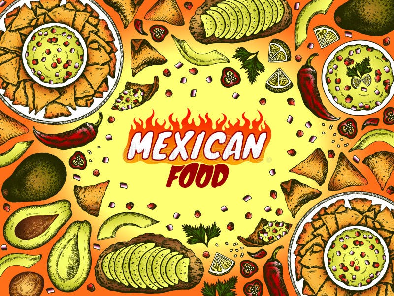 Colorful Sketch Drawing Card of Mexican Food, Green Avocado Slice ...