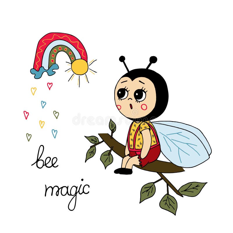 Cartoon Bee and Magic Rainbow. Vector Illustration Hand Drawing Stock ...
