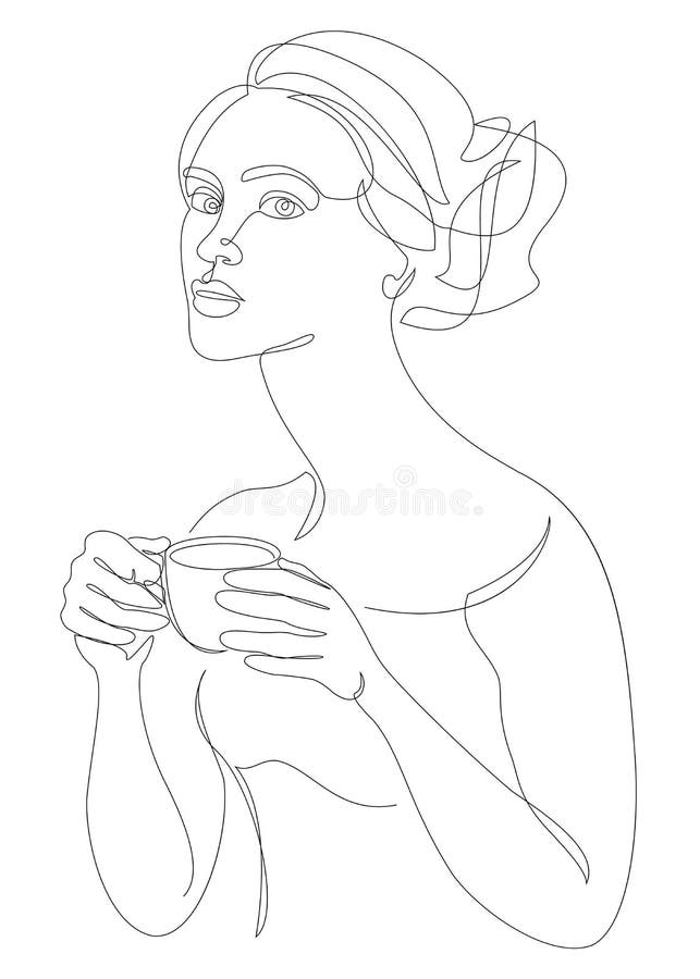 Silhouettes of a Lady, she is Holding a Cup of Coffee, Tea in a Modern ...