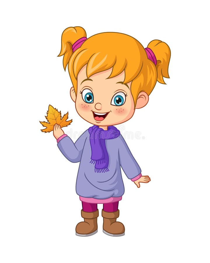 Cartoon Little Girl in Autumn Clothes Holding Maple Leaf Stock Vector ...