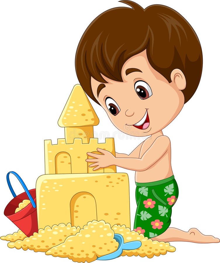 Cartoon Little Boy Making Sand Castle Stock Vector - Illustration of ...