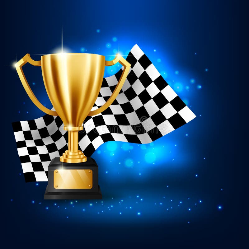 Realistic Golden Trophy with Checkered Flag Racing Championship on Blue ...