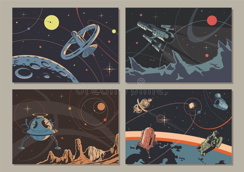Retro Future Style Space Illustrations Stock Vector - Illustration of ...