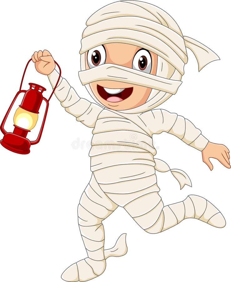 Cartoon Boy Wearing Halloween Mummy Costume Holding Lamp Stock Vector ...