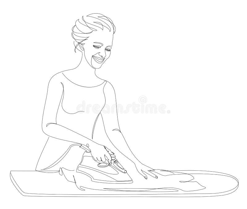 Silhouette of a Girl with an Iron Ironing Linen in a Modern One Line ...