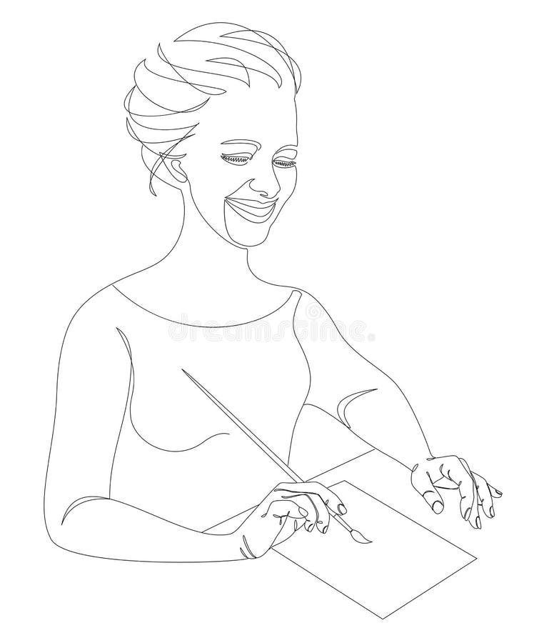 Silhouettes of a Lady, she Paints with a Brush on Paper in a Modern One ...