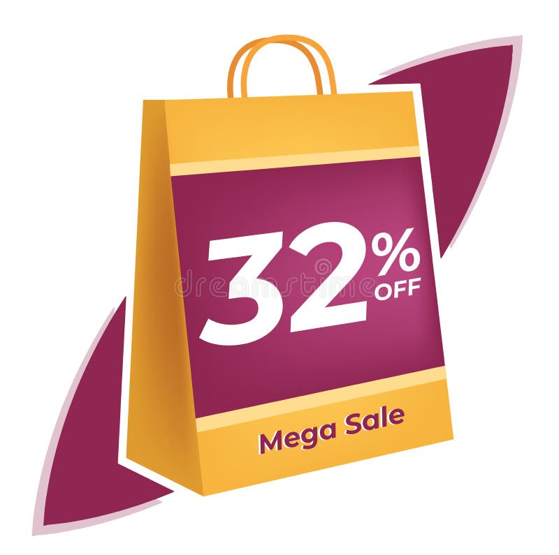 32 Percent Off. 3D Yellow Shopping Bag Concept in White Background ...