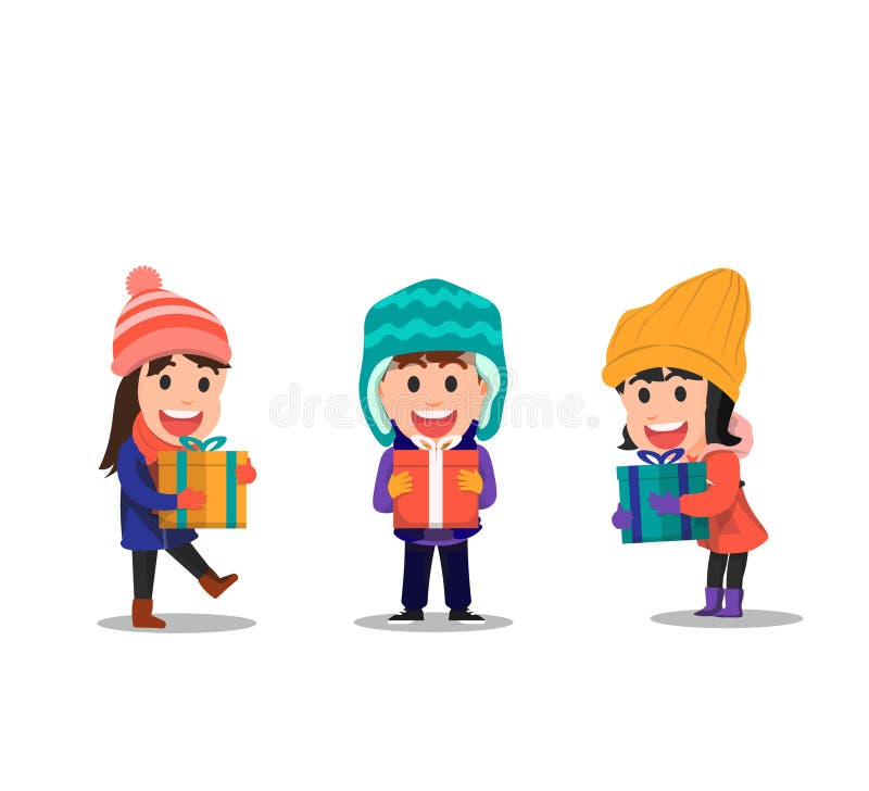Three Children Holding Gift Boxes in Winter Clothes Stock Vector ...