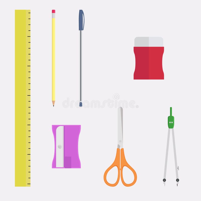 School Supplies Collection. Ruler, Eraser, Pencil, Pen, Sharpener and ...