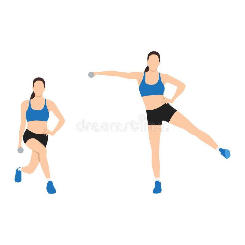 Woman Doing Curtsy Lunge Side Kick Lateral Raise Exercise Stock Vector ...
