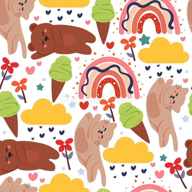 Seamless Pattern Cartoon Animals and Cute Stuff for Kids Wallpaper ...