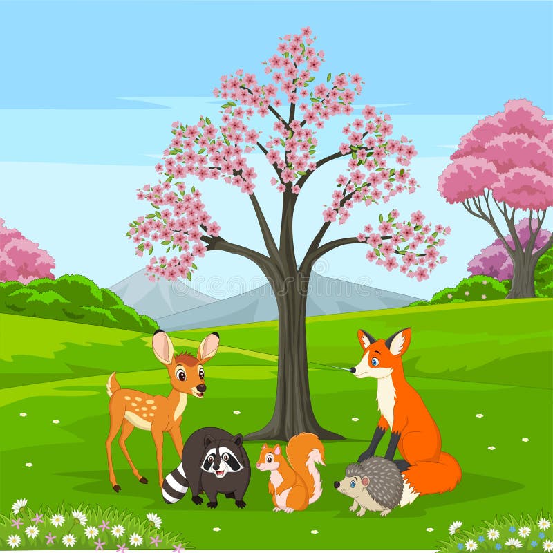 Group of Happy Animals Cartoon in Spring Forest Stock Vector ...