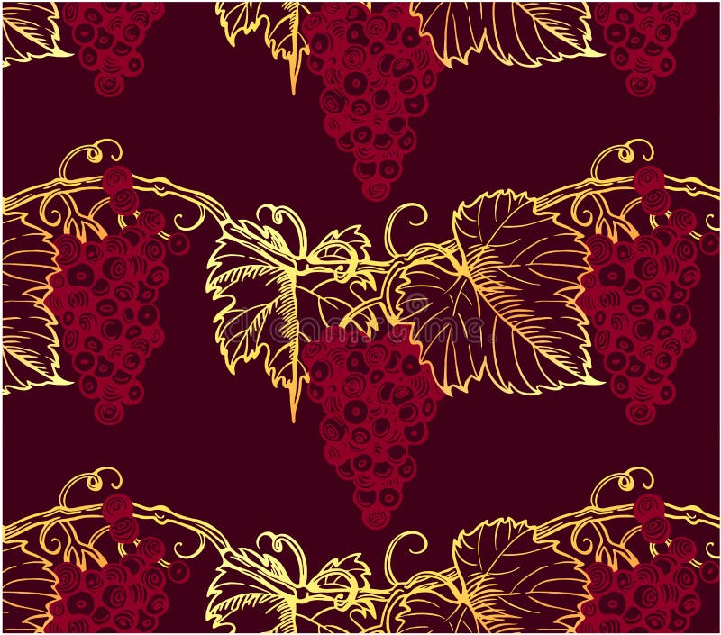 Sketch Drawn Wine Pattern with Bordo Grapes and Gold Leaves on Branch ...