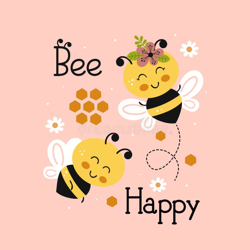Poster with Cute Happy Bees Stock Vector - Illustration of flower ...