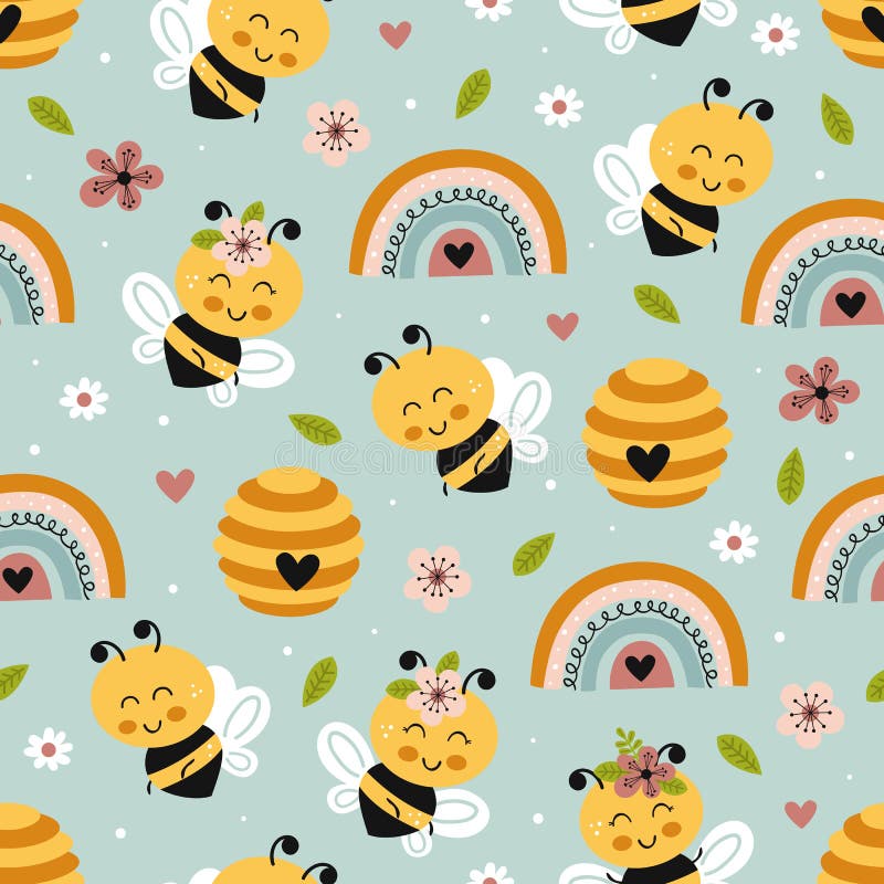 Seamless Pattern with Bee, Beehive, Rainbow Stock Vector - Illustration ...