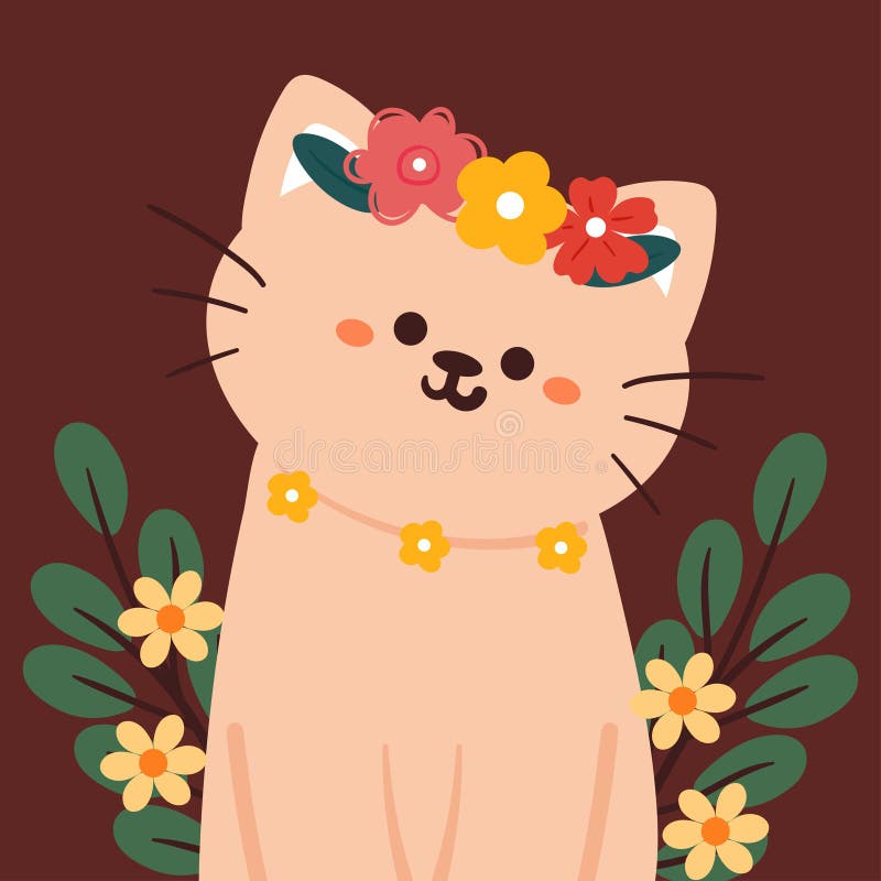 Hand Drawing Cute Cartoon Cat with Flower Stock Vector - Illustration ...