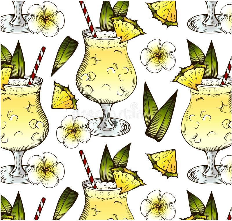 Sketch Drawing Pattern of Pina Colada Cocktail on White Background ...