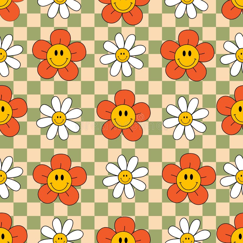 Retro Seamless Pattern with Fun Flowers Editorial Image - Illustration ...
