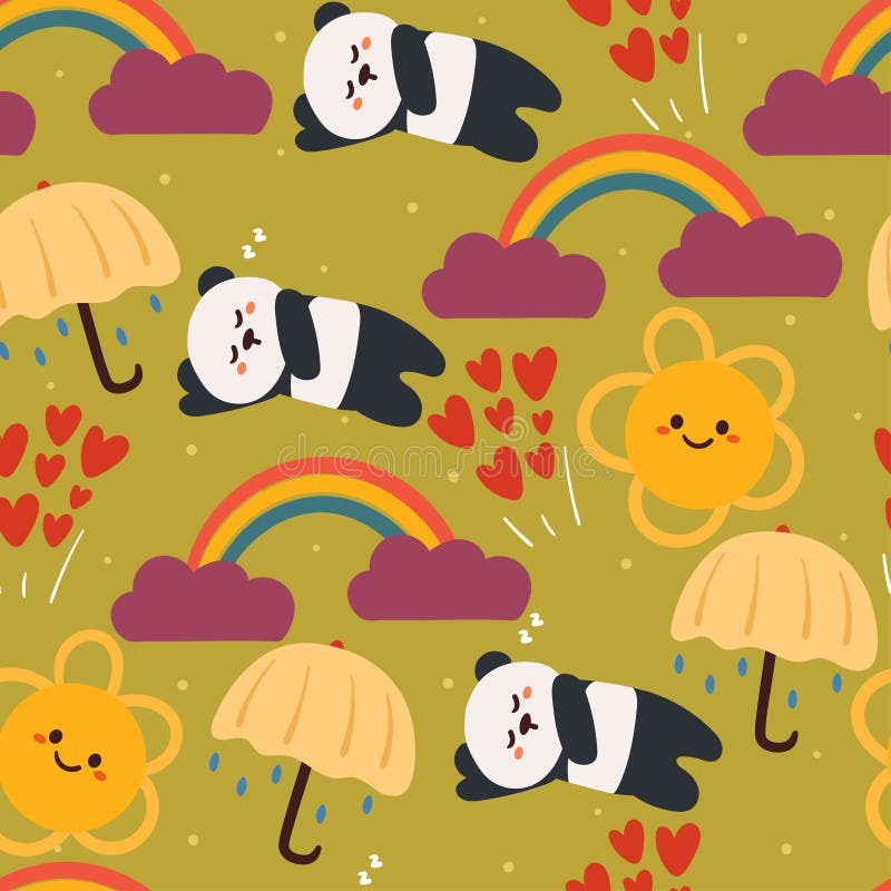 Seamless Pattern Cartoon Panda, Rainbow, Umbrella and Green Sky. Cute ...