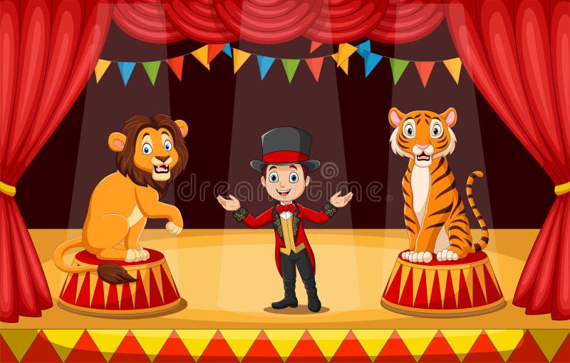 Cartoon Circus Performers with Tamer and Animals on Circus Arena Stock ...