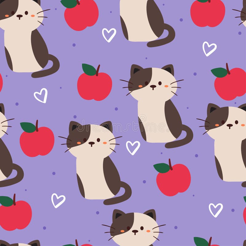 Seamless Pattern Cartoon Cat and Apple. Cute Animal Wallpaper for ...