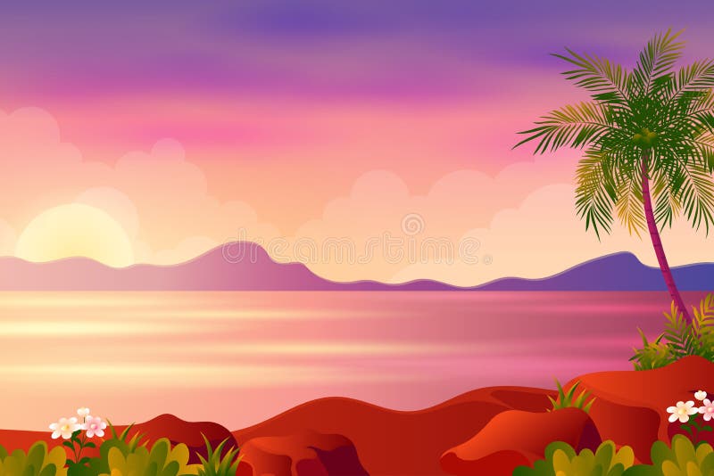 Sunset or Sunrise on Beach, Tropical Landscape Cartoon Illustration ...