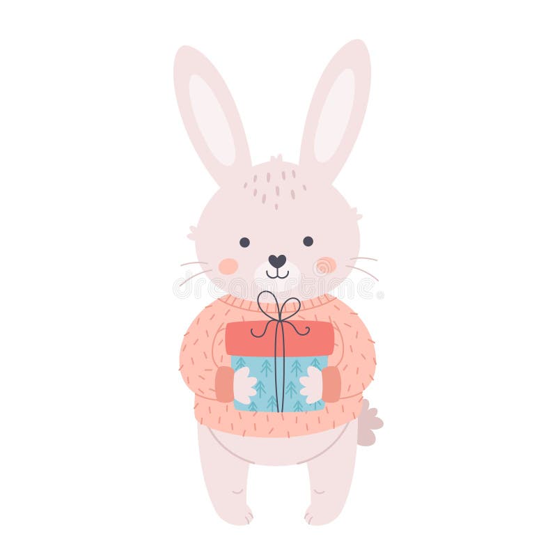 Cute Bunny in Sweater with Present. Merry Christmas and Happy New Year ...