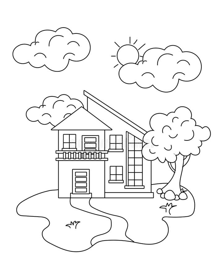 Kids Coloring Page. Modern House Coloring Book Page Design,Easy House ...