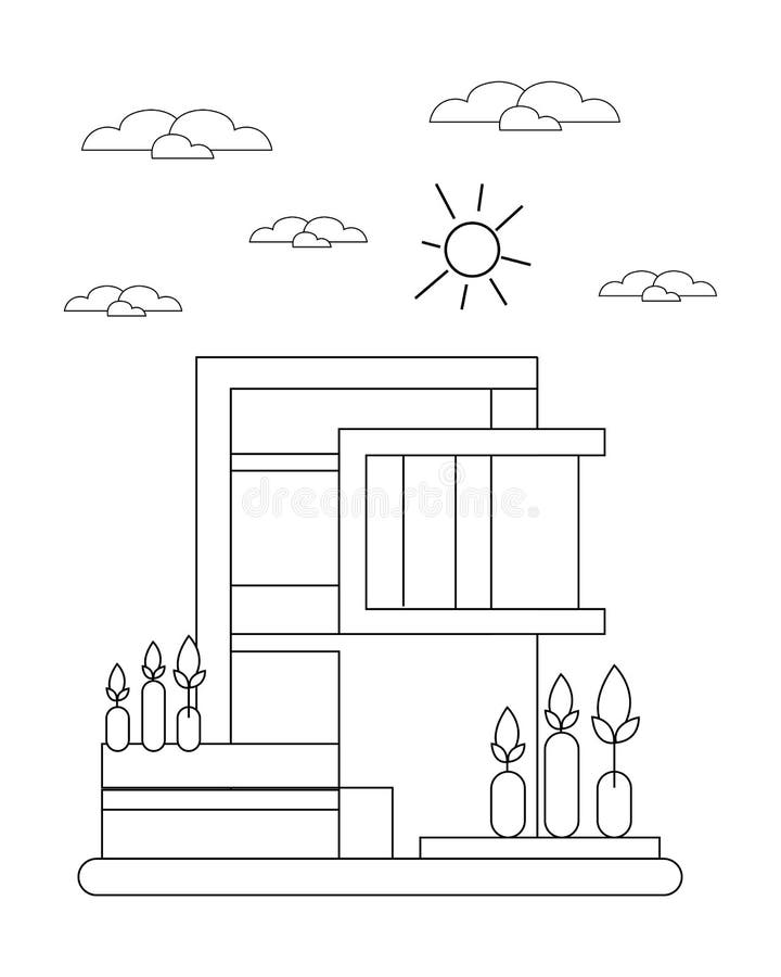 Kids Coloring Page. Modern House Coloring Book Page Design,Easy House ...