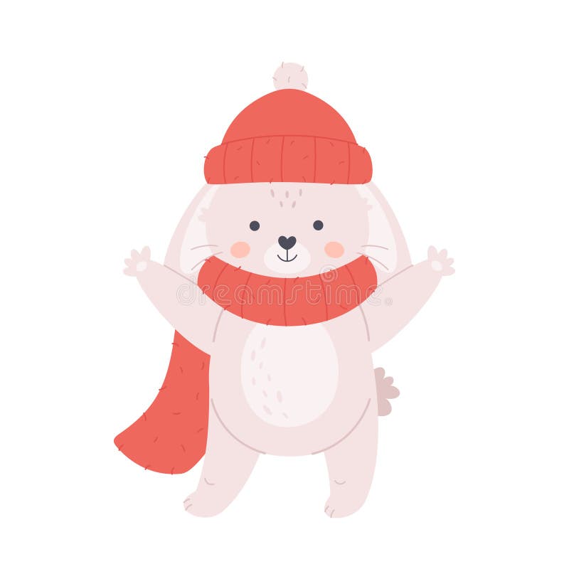 Cute White Bunny in Scarf and Hat. Hello Winter, Wintertime. Year of ...