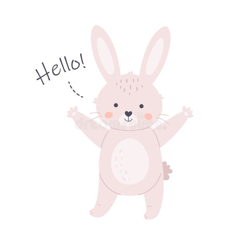 Cute White Bunny Saying Hello. Greeting Card. Cute Animals. Vector ...