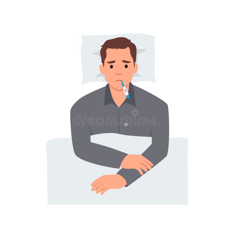 Young Man Sick Laying in Bed with Fever. Sick Man Measuring Temperature ...