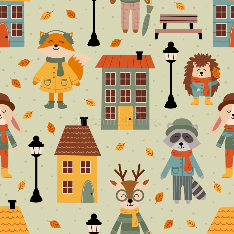 Seamless Pattern with Cute Animals in the Autumn City Editorial Stock ...