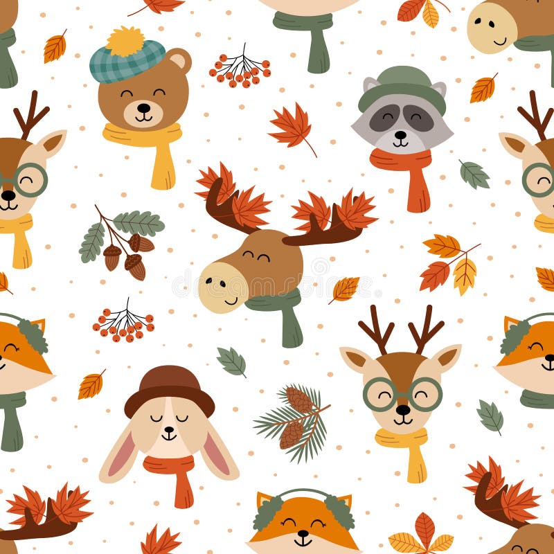 Seamless Pattern with Cute Autumn Animal Faces Stock Vector ...