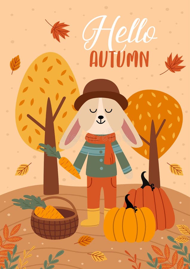 Autumn Poster with Cute Hare and Harvest Stock Vector - Illustration of ...