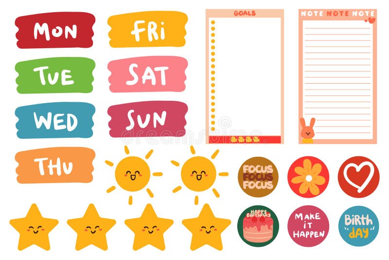 Cute Planner Sticker, Note Paper, for Journal and Diary Stock Vector ...