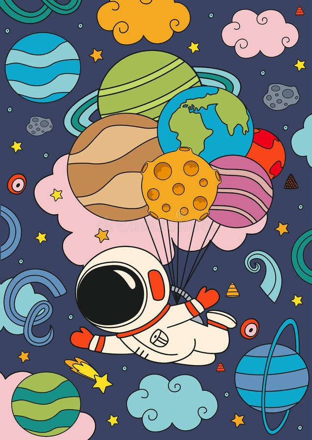 Space Poster with Cute Astronaut Flying on the Planets Stock Vector ...
