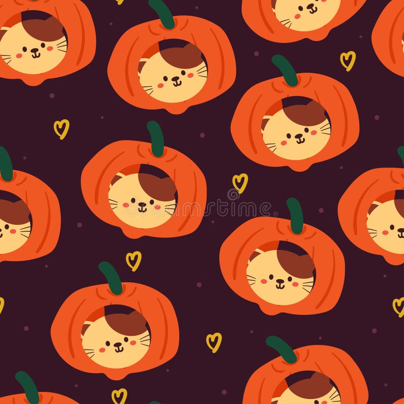 Seamless Pattern Cartoon Cat Inside Pumpkin. Cute Halloween Wallpaper ...