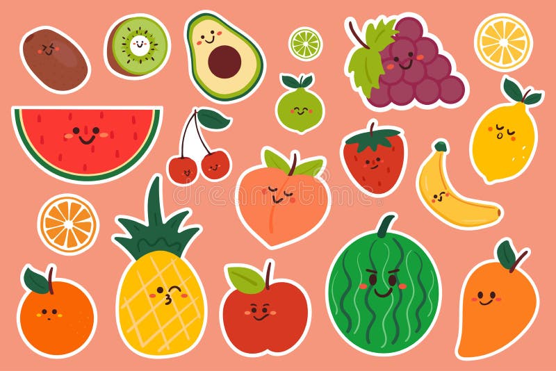 Hand Drawing Cute Fruit Character Sticker Set Stock Vector ...