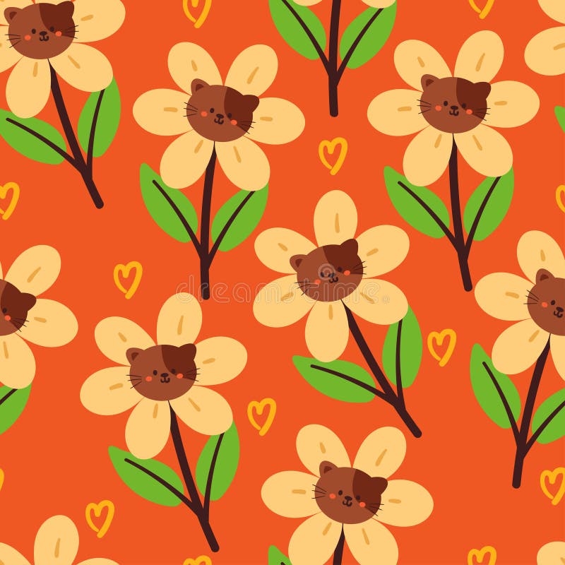 Seamless Pattern Cartoon Flower with Cat. Cute Wallpaper for Textile ...