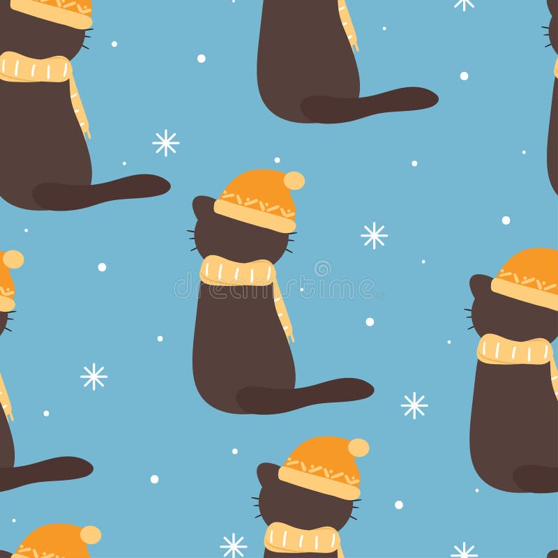 Seamless Pattern Cute Cartoon Cat and Snowflakes. Cute Winter Wallpaper ...