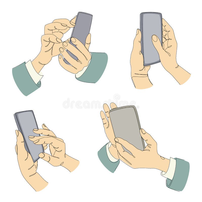 Silhouettes of Human Hands with a Phone in a Modern Single Line Style ...