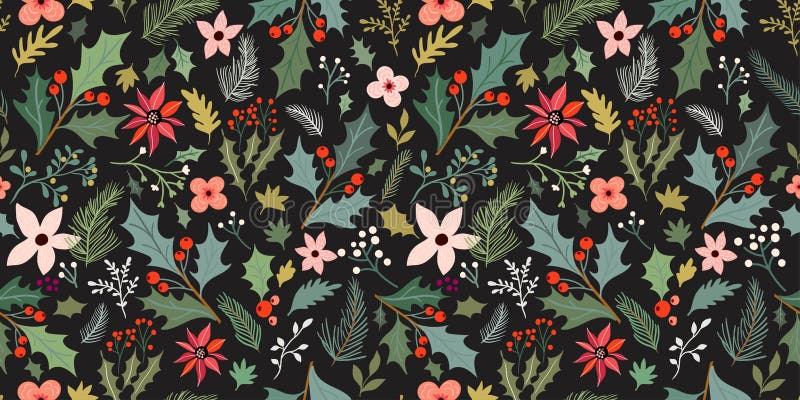 Botanical Christmas Seamless Pattern, Wallpaper, Winter Design with ...