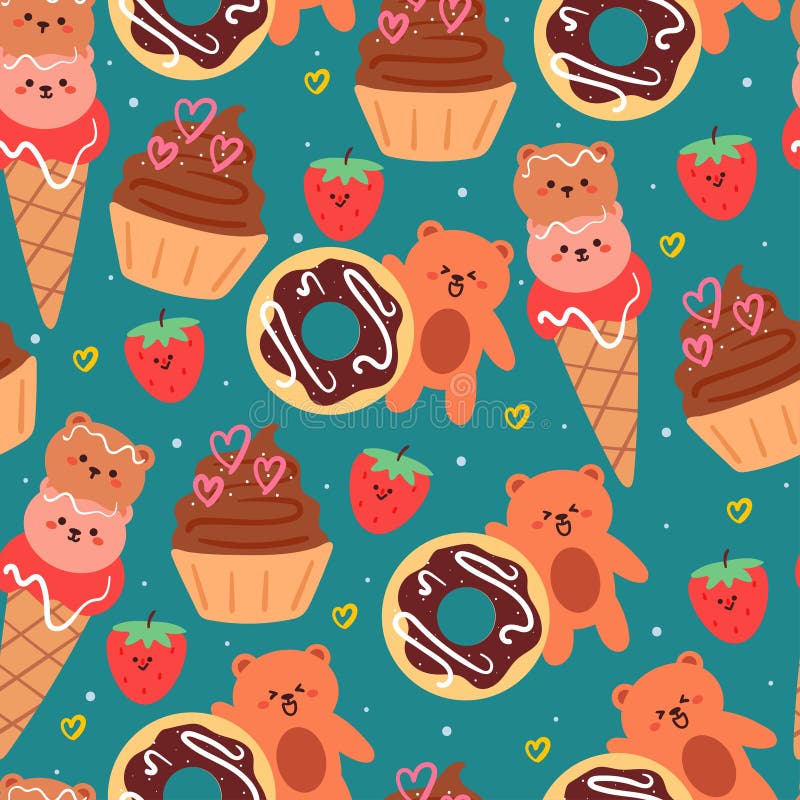Seamless Pattern Cartoon Bear and Cute Dessert Design. Cute Wallpaper ...