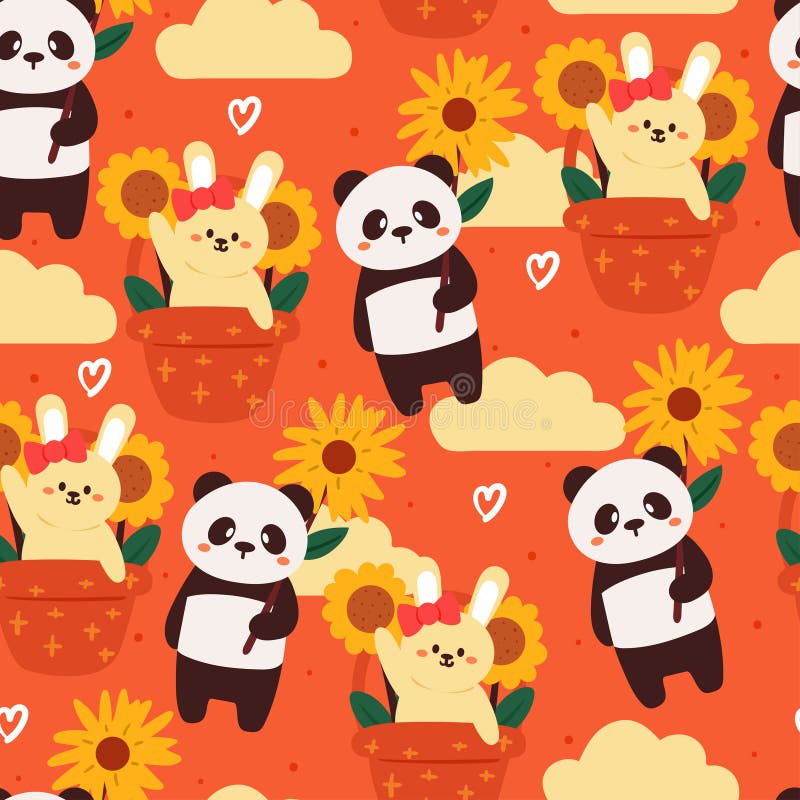 Seamless Pattern Cartoon Panda and Rabbit in Orange Background. Cute ...