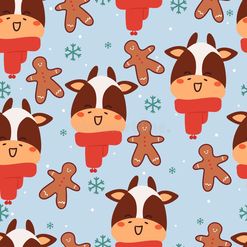 Seamless Pattern Cartoon Cow and Snow Flake. Cute Animal Wallpaper for ...