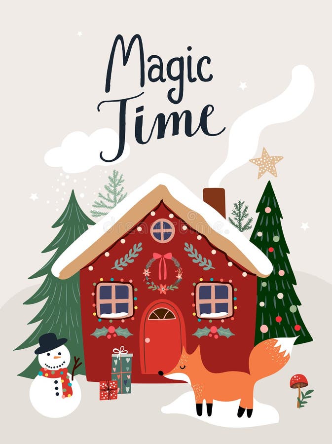 Magic Time Poster, Winter Vector Cute Illustration with Seasonal ...