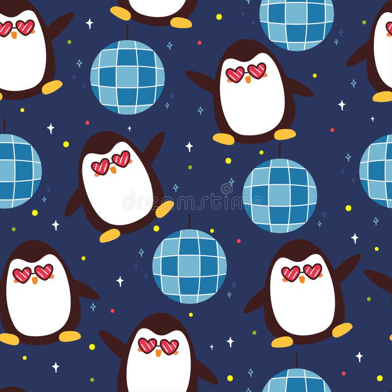 Seamless Pattern Cartoon Cute Dancing Penguin. Cute Animal Wallpaper with Disco Ball for Gift ...